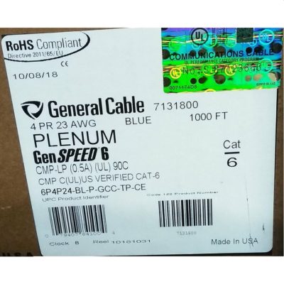 General Cable GenSPEED 6 Cat 6 Plenum Cable Blue | Sedectro