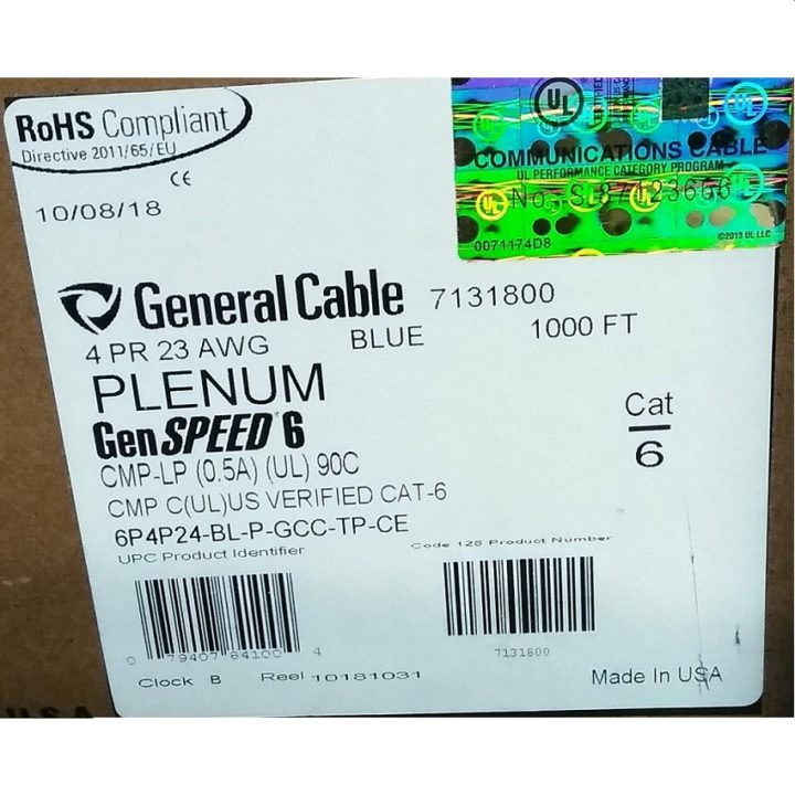 General Cable GenSPEED 6 Cat 6 Plenum Cable Blue | Sedectro